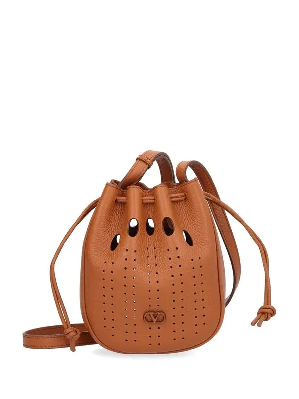 Valentino Garavani Medium Leather Bucket Bag With Perforations And Vlogo - Brown