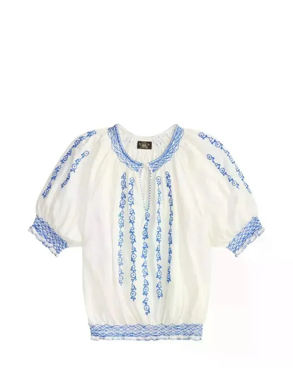 Ralph Lauren Floral-embroidered Smocked Blouse - White
