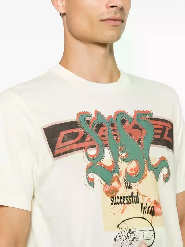 DIESEL® Graphic-print Stud-embellished T-shirt - Neutrals