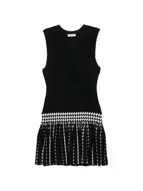 Sandro Checked Pleated Knitted Mini Dress - Black
