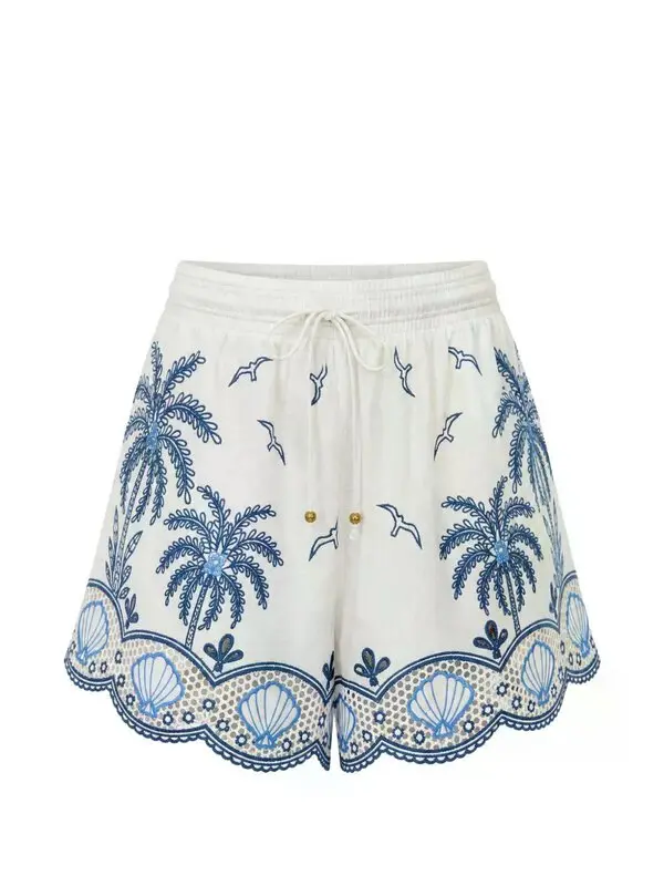 Farm Rio Embroidered Scalloped Shorts - White