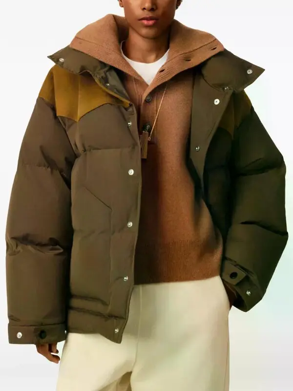 AMI Paris Nylon And Cotton Down Jacket With Leather Panels