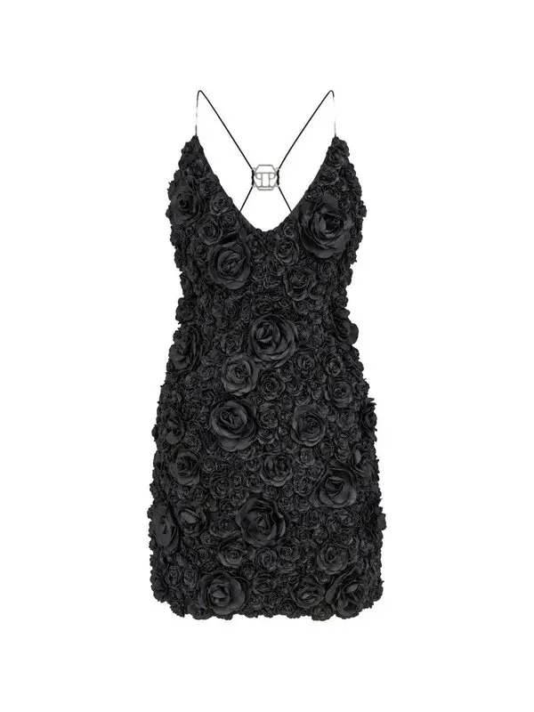 Philipp Plein Mini Slip Dress With Satin Roses And Jewelled Monogram - Black