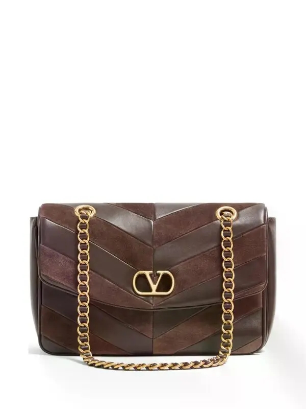 Valentino Garavani Djuna Medium Chain Bag In Suede And Nappa With Chevron-pattern - Brown