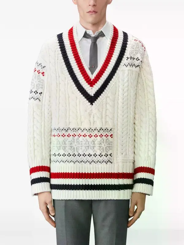 Thom Browne Merino-wool Fair Isle Cable-knit Pullover