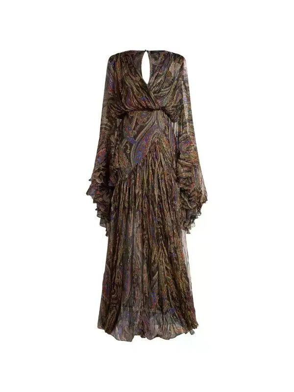 Etro Silk Long Dress With Ruffles And Paisley Motif - Brown