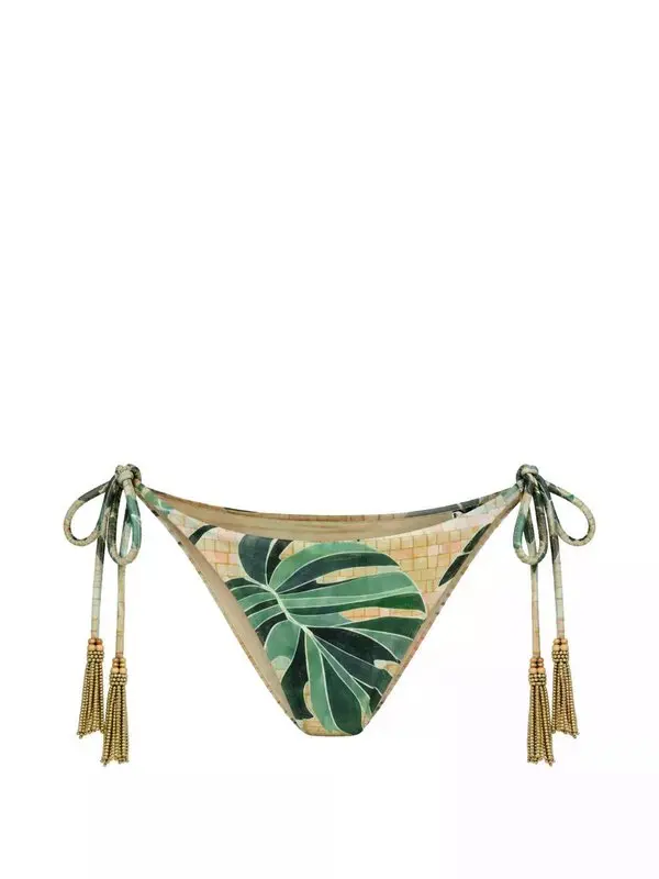 Farm Rio Tassel-detail Leaf-print Bikini Bottoms - Neutrals