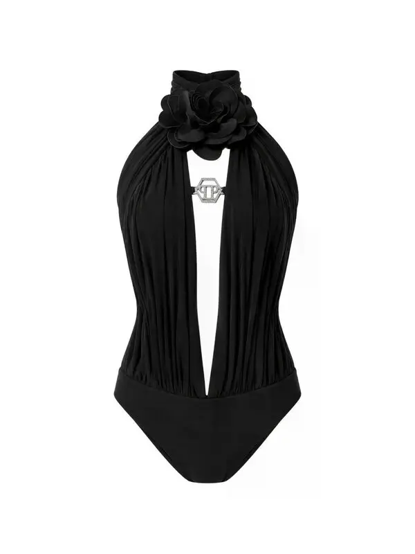 Philipp Plein Sleeveless Halter Neck Bodysuit With Embellished Flower Detail - Black