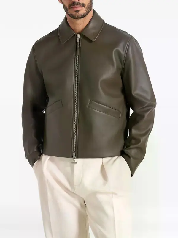 Manière De Voir Yves In Olive Minimal Leather Jacket