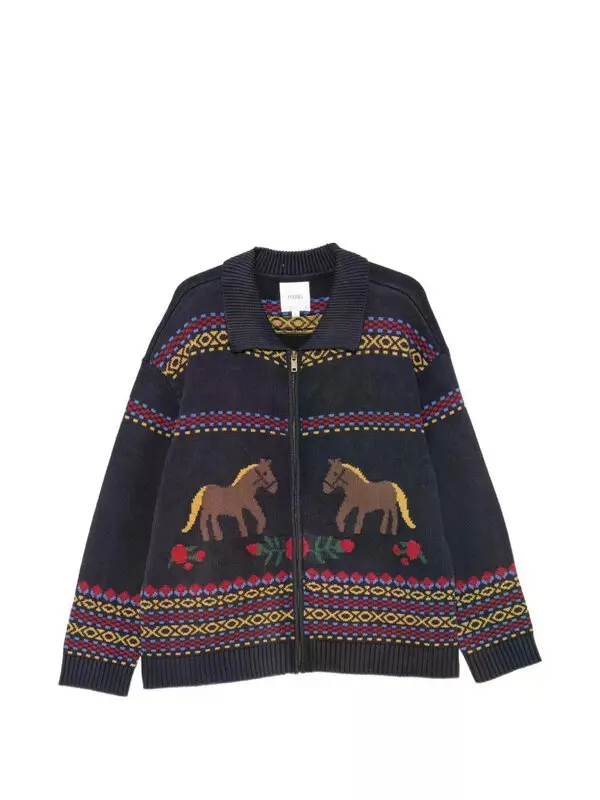 FOUND Isles Horse-intarsia Zip-up Cardigan - Blue