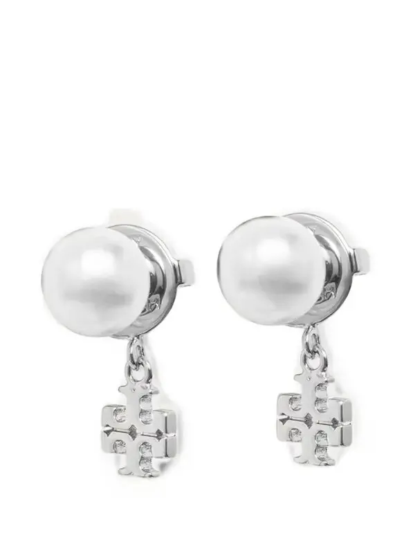 Tory Burch Double T Glass-pearl Drop Earrings - Silver