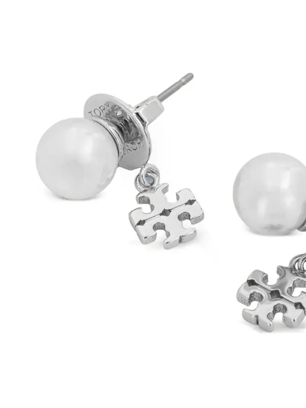 Tory Burch Double T Glass-pearl Drop Earrings - Silver