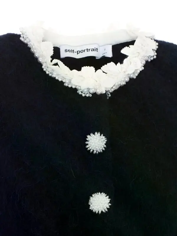 SELF-PORTRAIT Navy Flower Pearl Trim Knit Jumper