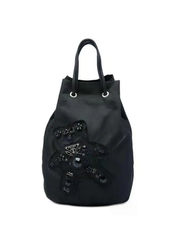 Prada 2018 Beaded Tessuto Evening Bear Drawstring Bucket Bag - Black