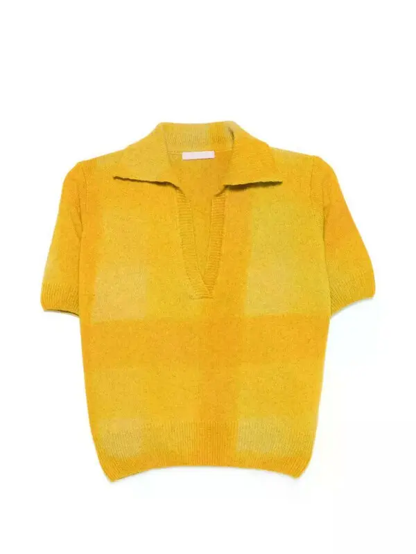 KRISTINA TI Check-pattern Polo-collar Sweater - Yellow