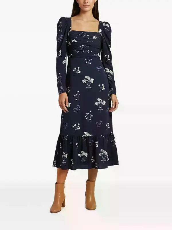 SELF-PORTRAIT Midi Floral-print Ruched Dress