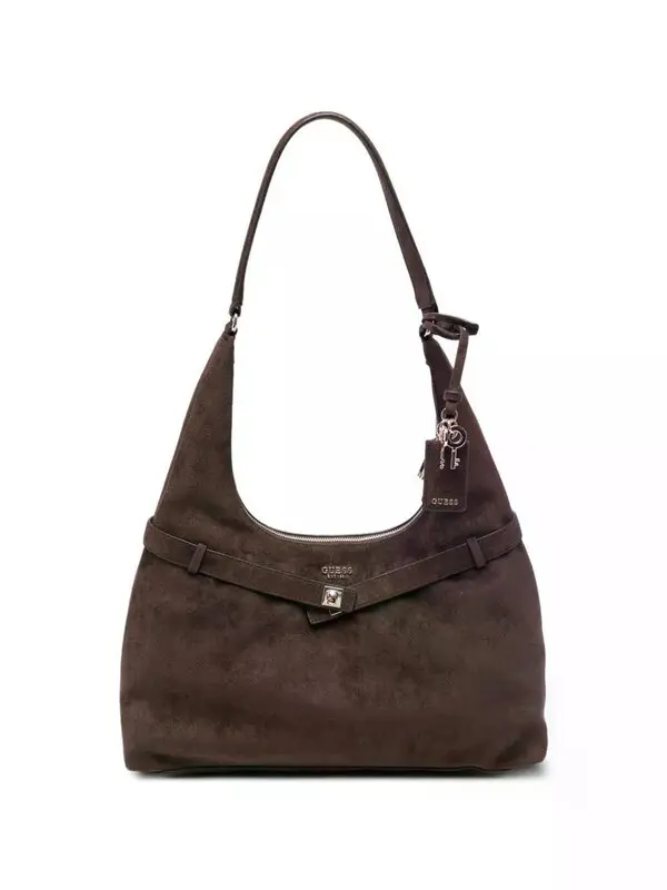Guess Suede-finish Shoulder Bag With Buckle Detail - Brown