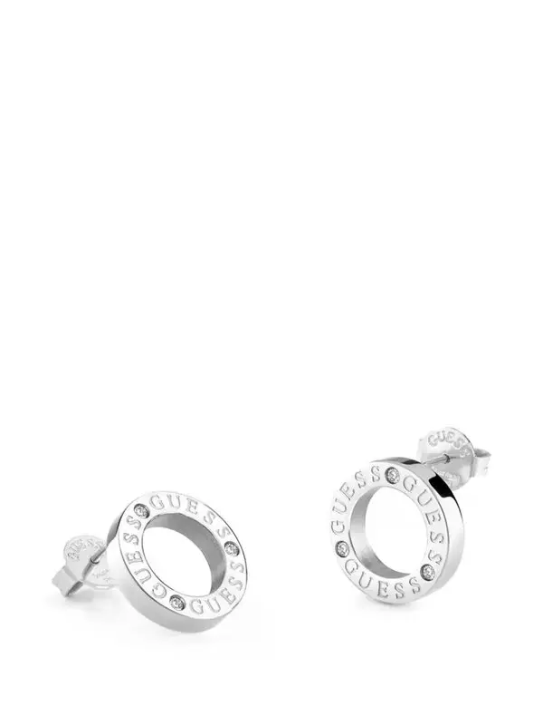 Guess Logo-engraved Circle Stud Earrings With Crystal Embellishment - Silver