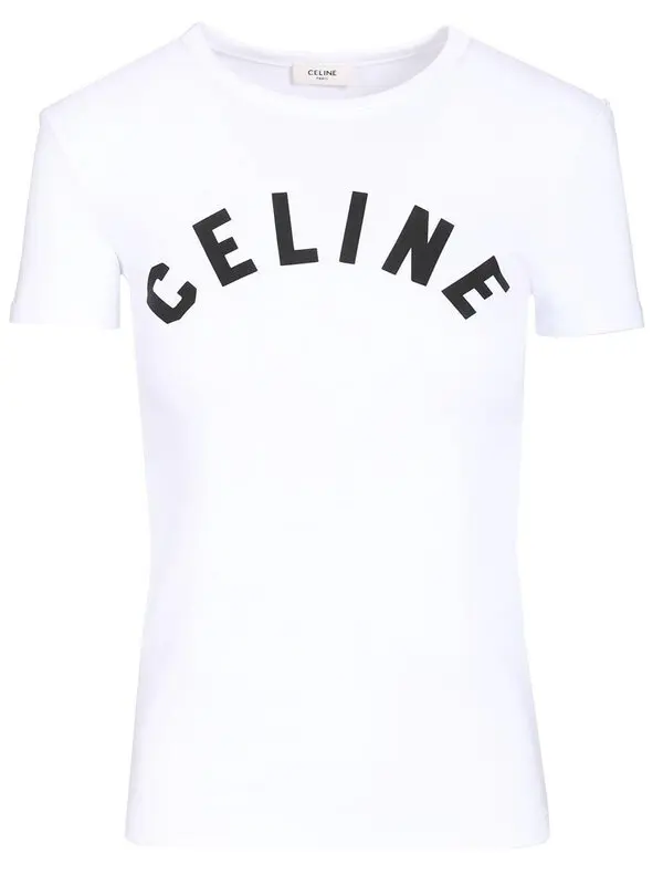 Celine Ribbed Cotton T-shirt With Raised Brand Print - White