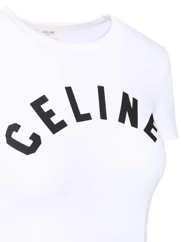 Celine Ribbed Cotton T-shirt With Raised Brand Print - White