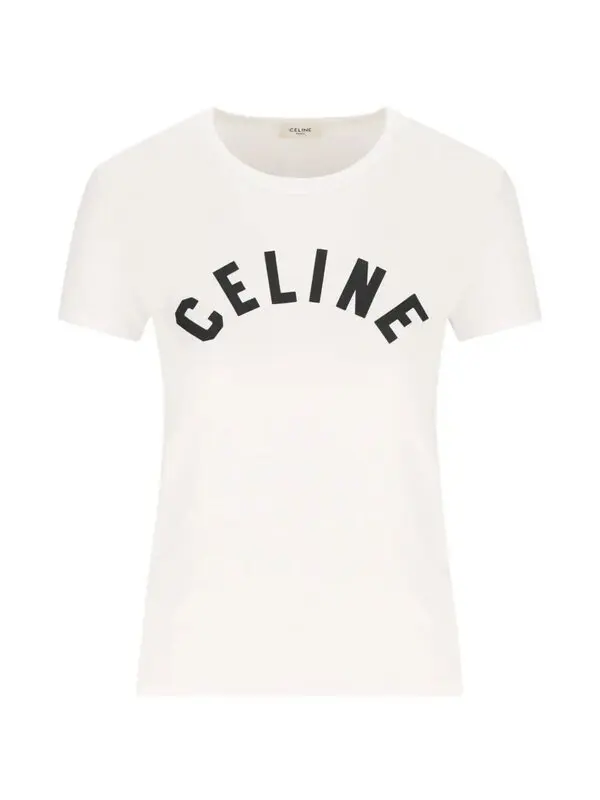 Celine Ribbed Cotton T-shirt With Raised Brand Print - White
