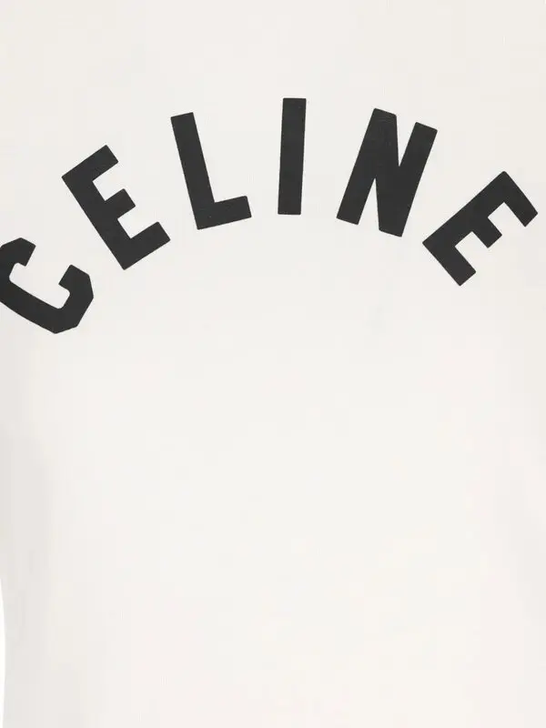 Celine Ribbed Cotton T-shirt With Raised Brand Print - White