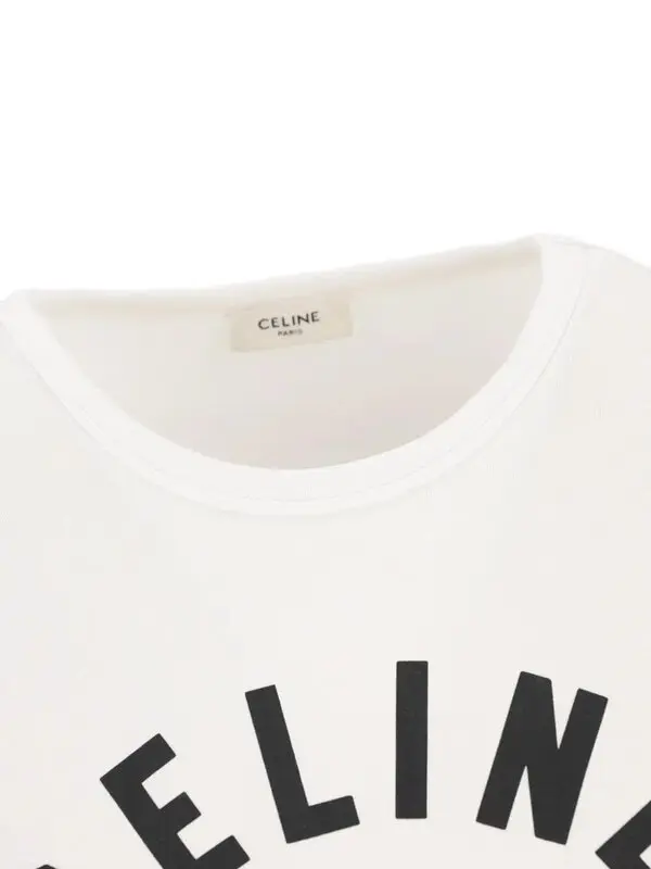 Celine Ribbed Cotton T-shirt With Raised Brand Print - White