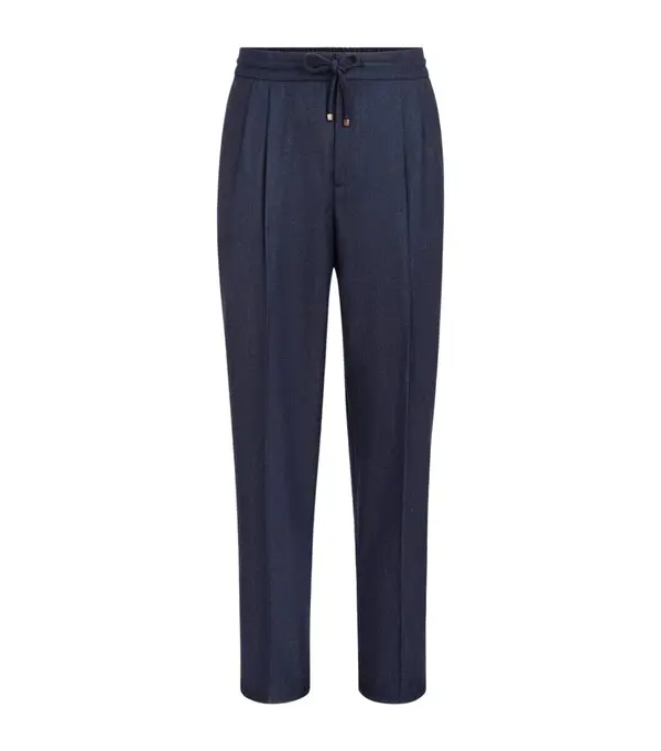 Brunello Cucinelli Virgin Wool Pleated Drawstring Trousers - Blue