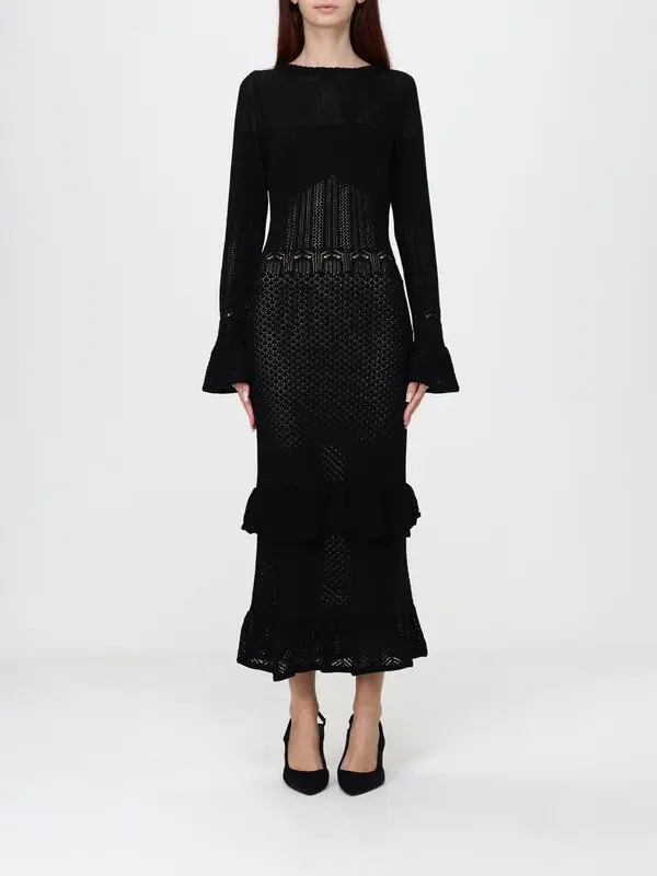 TWINSET Openwork Knit Midi Sheath Dress With Long Sleeves And Ruffles