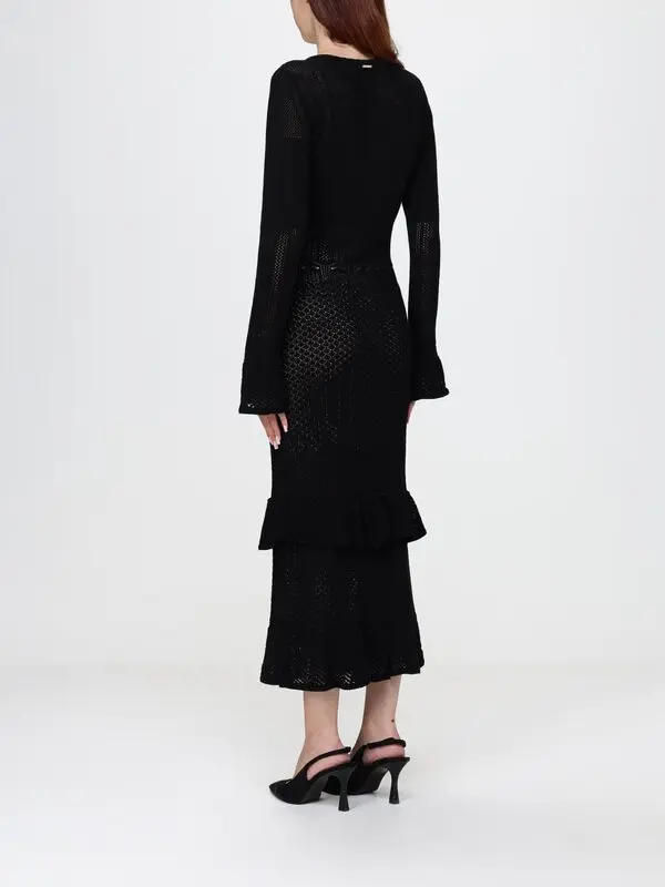 TWINSET Openwork Knit Midi Sheath Dress With Long Sleeves And Ruffles