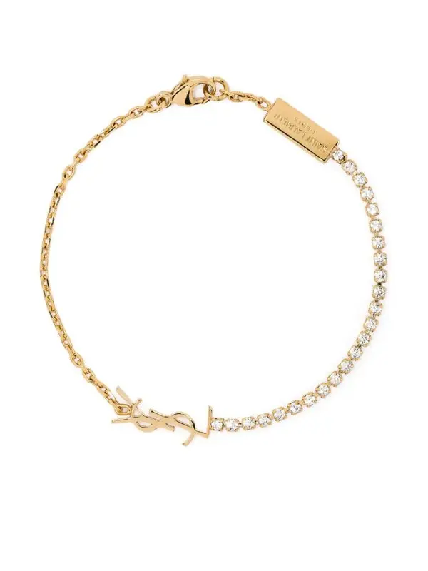 Saint Laurent Rhinestone Side Bracelet With Center Cassandre Charm And Lobster Clasp - Oro