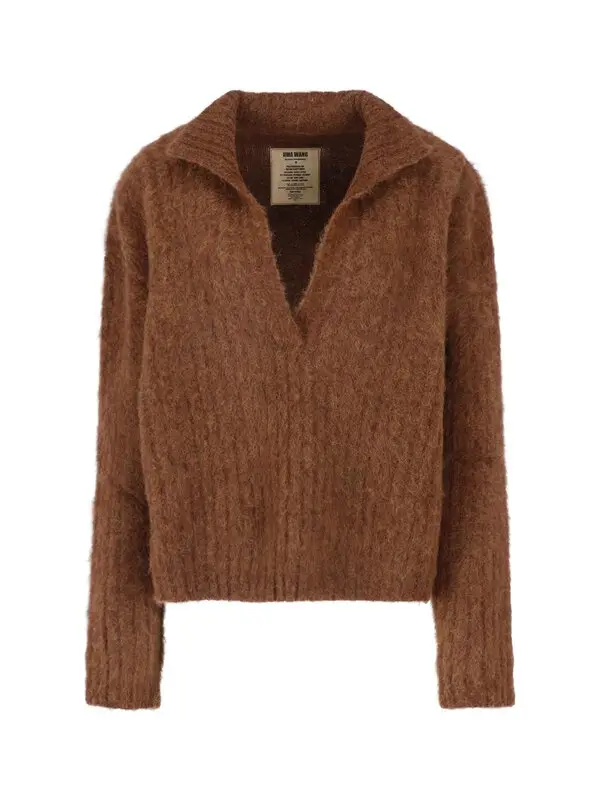 UMA WANG Oversized Collared V-neck Sweater - Brown