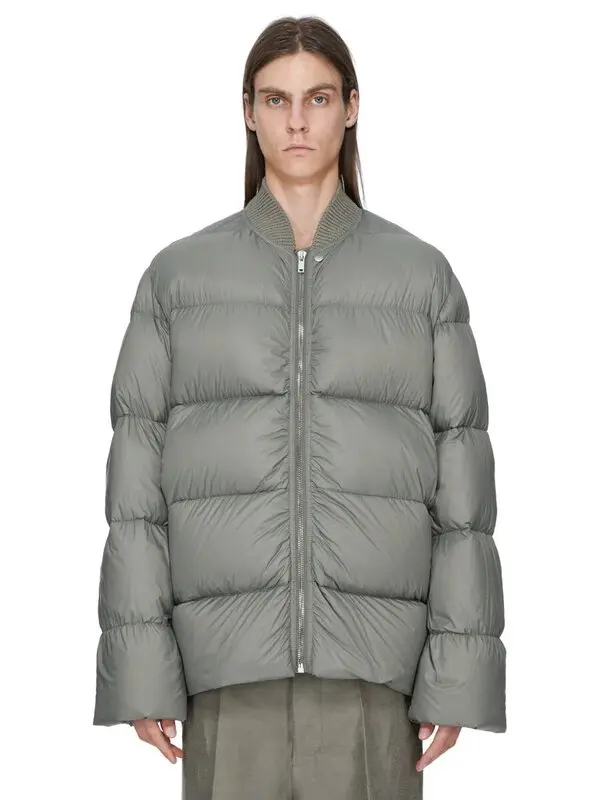 Rick Owens Padded Ribbed Band-collar Front-zip Coat With Stud Pockets - Grigio