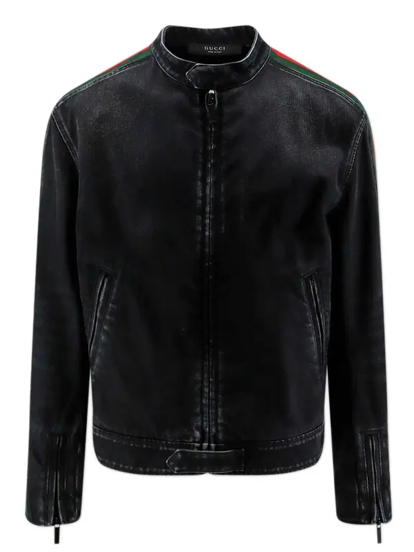 Gucci Certified Washed Cotton Denim Jacket With Engraved Zip Puller, Web-trim Sleeves