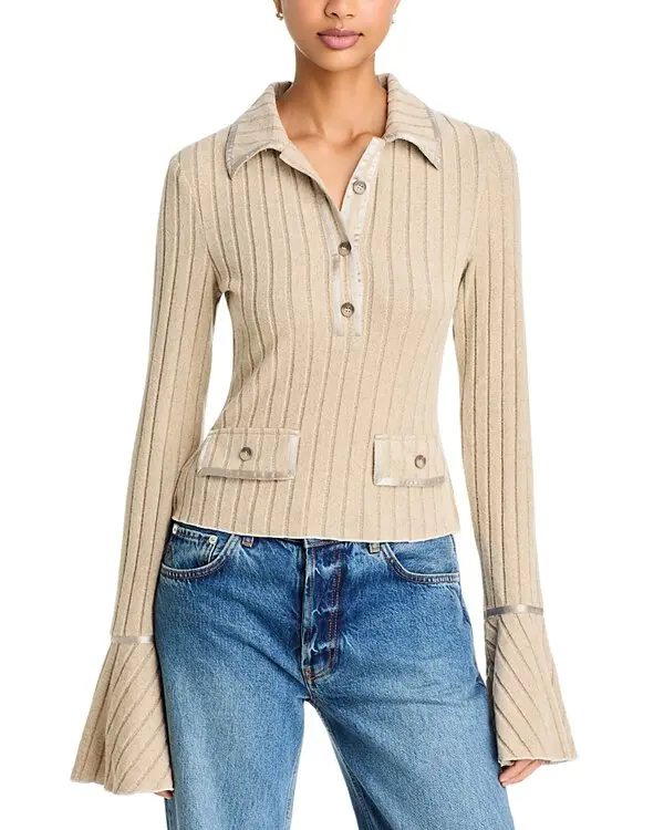 AREA STARS Remi Ribbed Button Placket Top - Tan