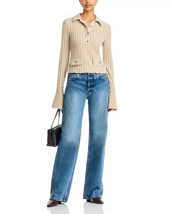 AREA STARS Remi Ribbed Button Placket Top - Tan