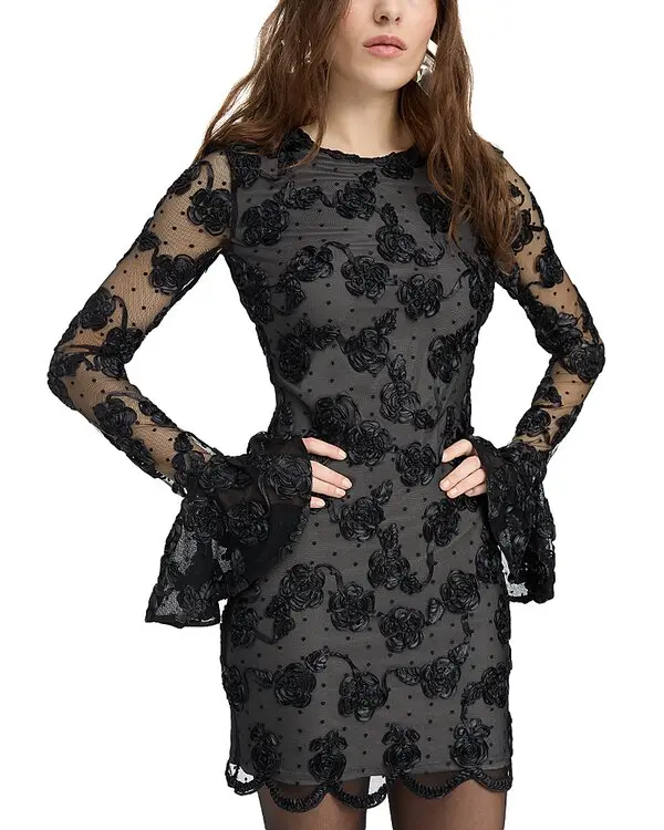 ROTATE BY BIRGER CHRISTENSEN Flower Mesh Long Sleeve Mini Dress - Black