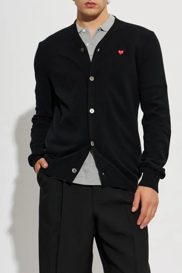 Play Comme Des Garcon Wool Cardigan With Logo Patch - Black