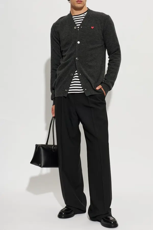 Play Comme Des Garcon Wool Cardigan With Logo Patch - Grey