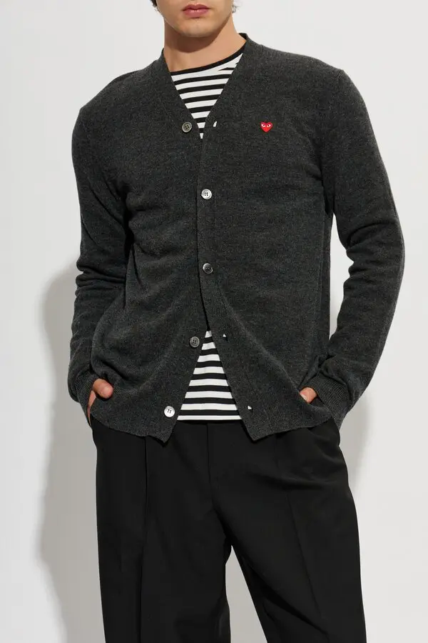 Play Comme Des Garcon Wool Cardigan With Logo Patch - Grey