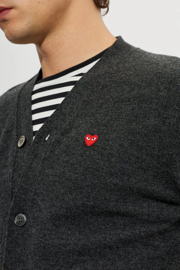 Play Comme Des Garcon Wool Cardigan With Logo Patch - Grey