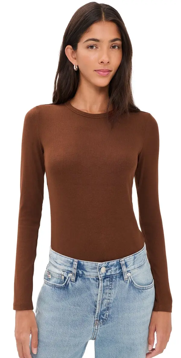 Ag Julia Ribbed Long Sleeve Crewneck Top - Chestnut