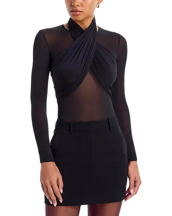 Wardrobe.NYC Crossover Bodice Mesh Bodysuit - Black