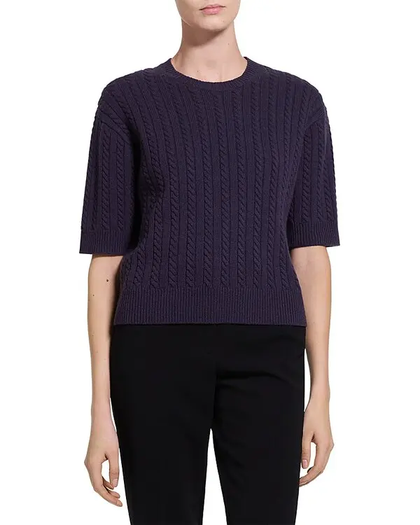Theory Cropped Cable Knit Cashmere Crewneck Sweater - Nightshade