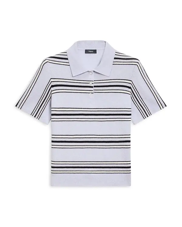 Theory Cashmere Striped Polo Top - Cool Fog Multi