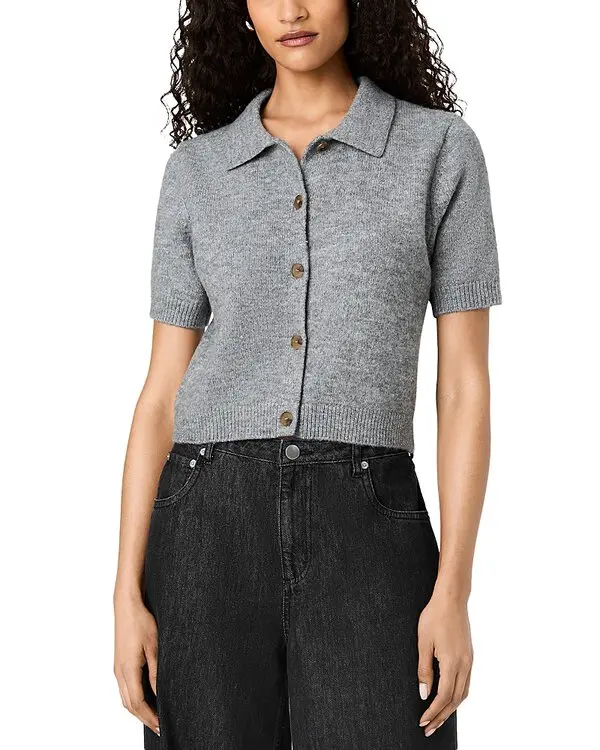 French Connection Suzie Knit Short Sleeve Collared Cardigan Sweater - Grey