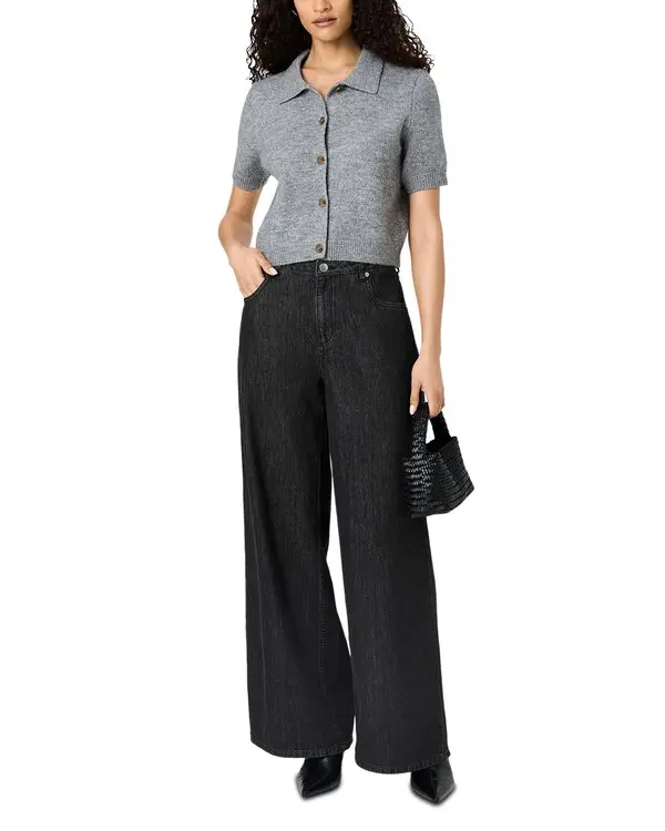 French Connection Suzie Knit Short Sleeve Collared Cardigan Sweater - Grey