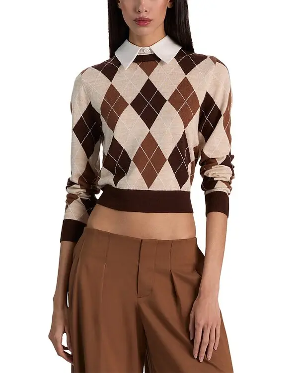 Alice + Olivia Carolann Wool Blend Crewneck Sweater With Cotton Stretch Collar - Camel/multi