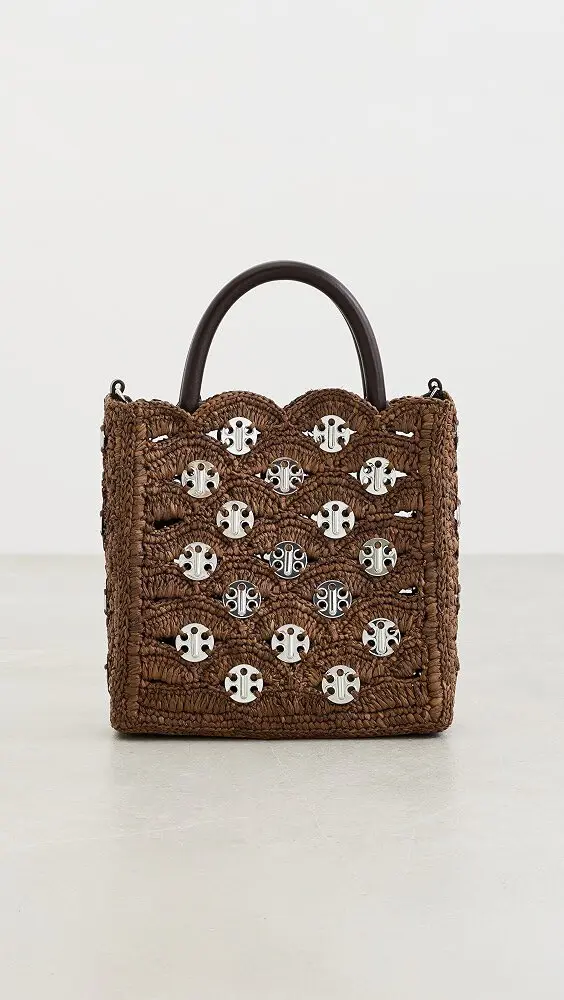 Rabanne Small Raffia Tote Bag With Signature 1969 Discs - Brown/silver