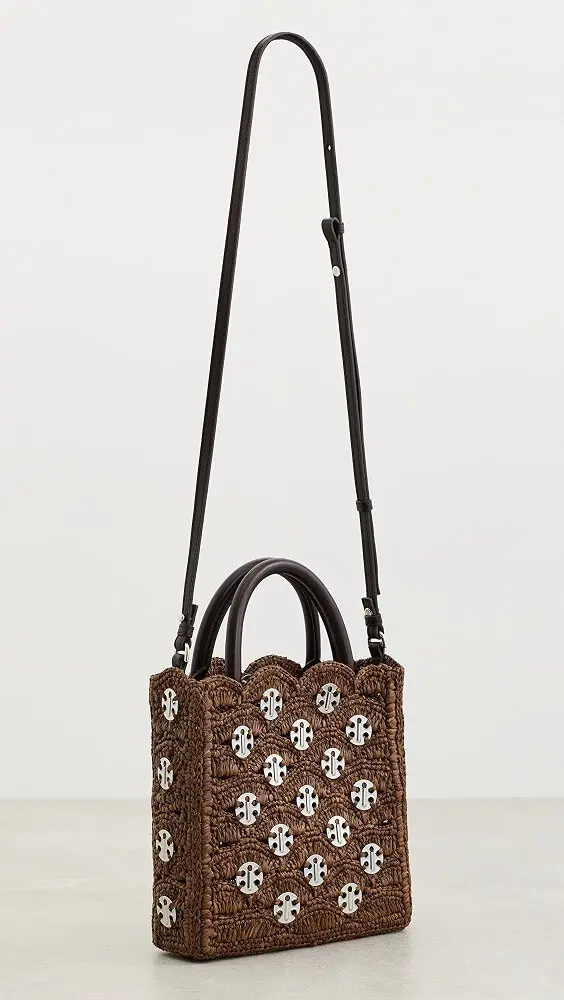 Rabanne Small Raffia Tote Bag With Signature 1969 Discs - Brown/silver